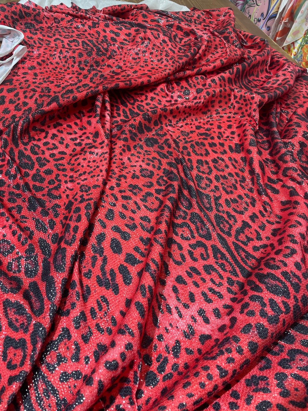Sequin Leopard Fabric: Red Animal Print, 2-way Stretch, Costume Sewing ...