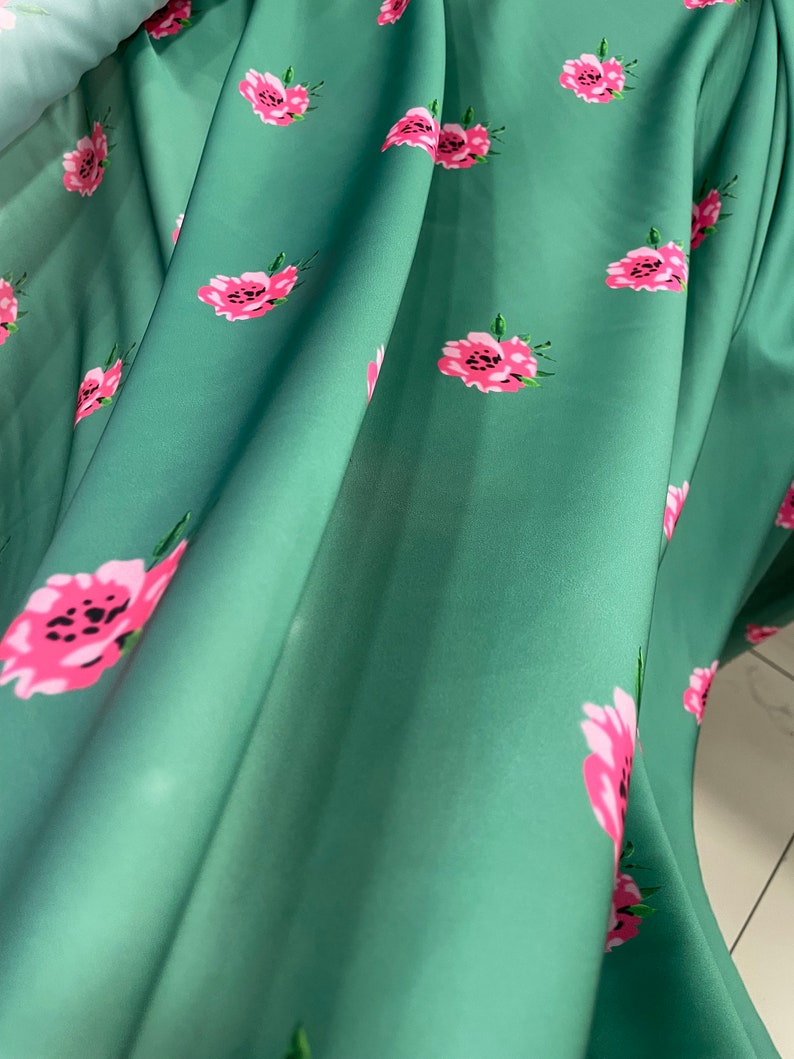 Crispy Pink Flowers Green Background Pink Silk Satin Fabric printed on Any Fabric-linen-satin ...