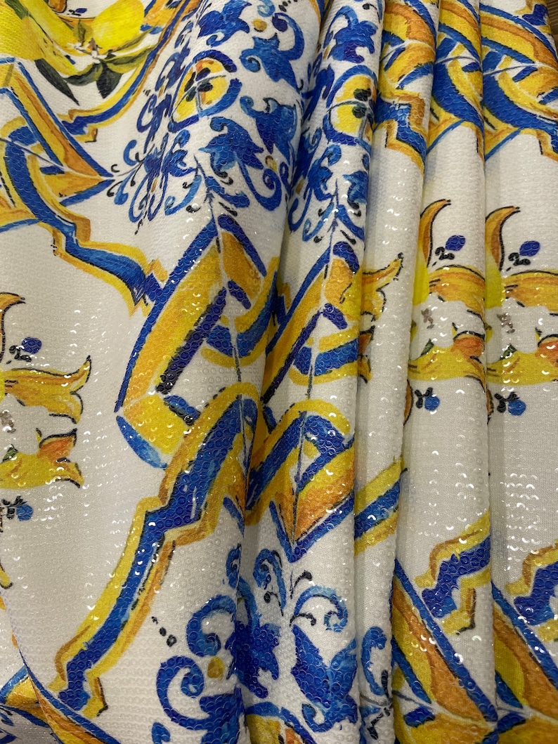 Sequin Lycra Fabric majolica Sicilian Pattern, Shiny Fabric - Etsy