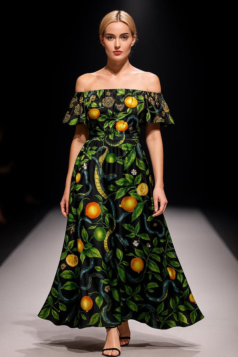 Black Silky Satin Fabric: Snake, Lemon Garden Print - Etsy