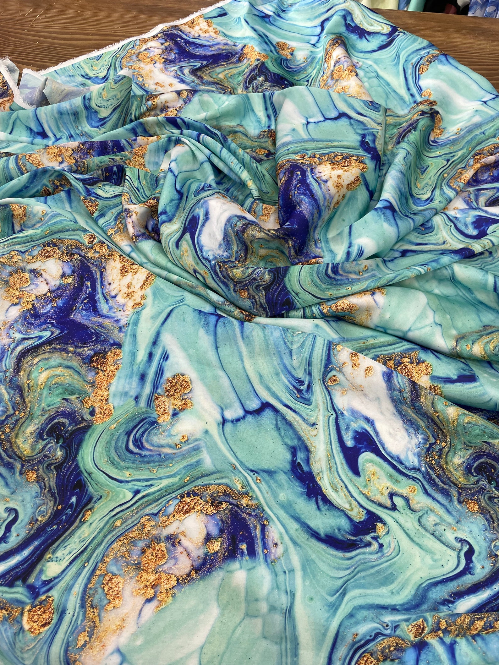 Tie Dye Marble Gold Blue Green Patterned Silky Satin Fabric by the Yard ...