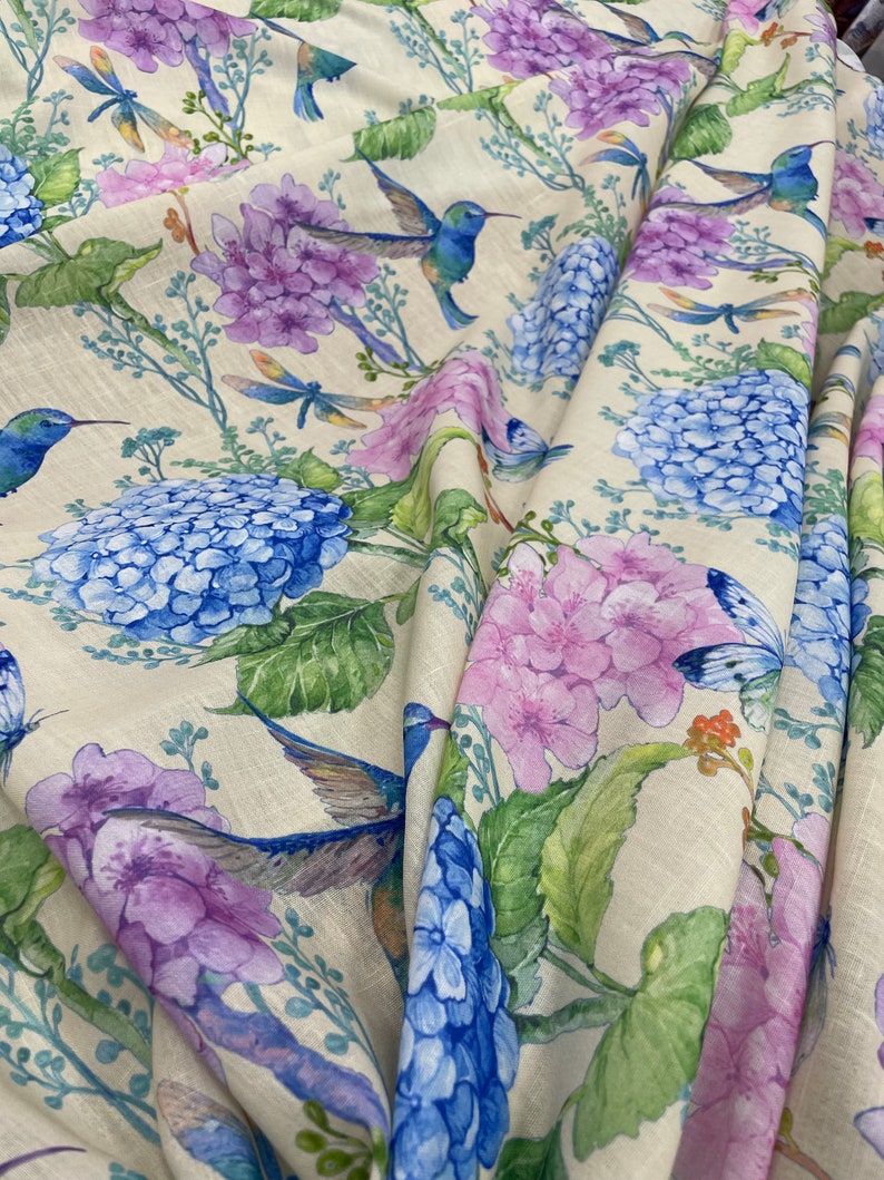 Hydrangea Hummingbird Linen Fabric: Floral Print Sewing Textile - Etsy