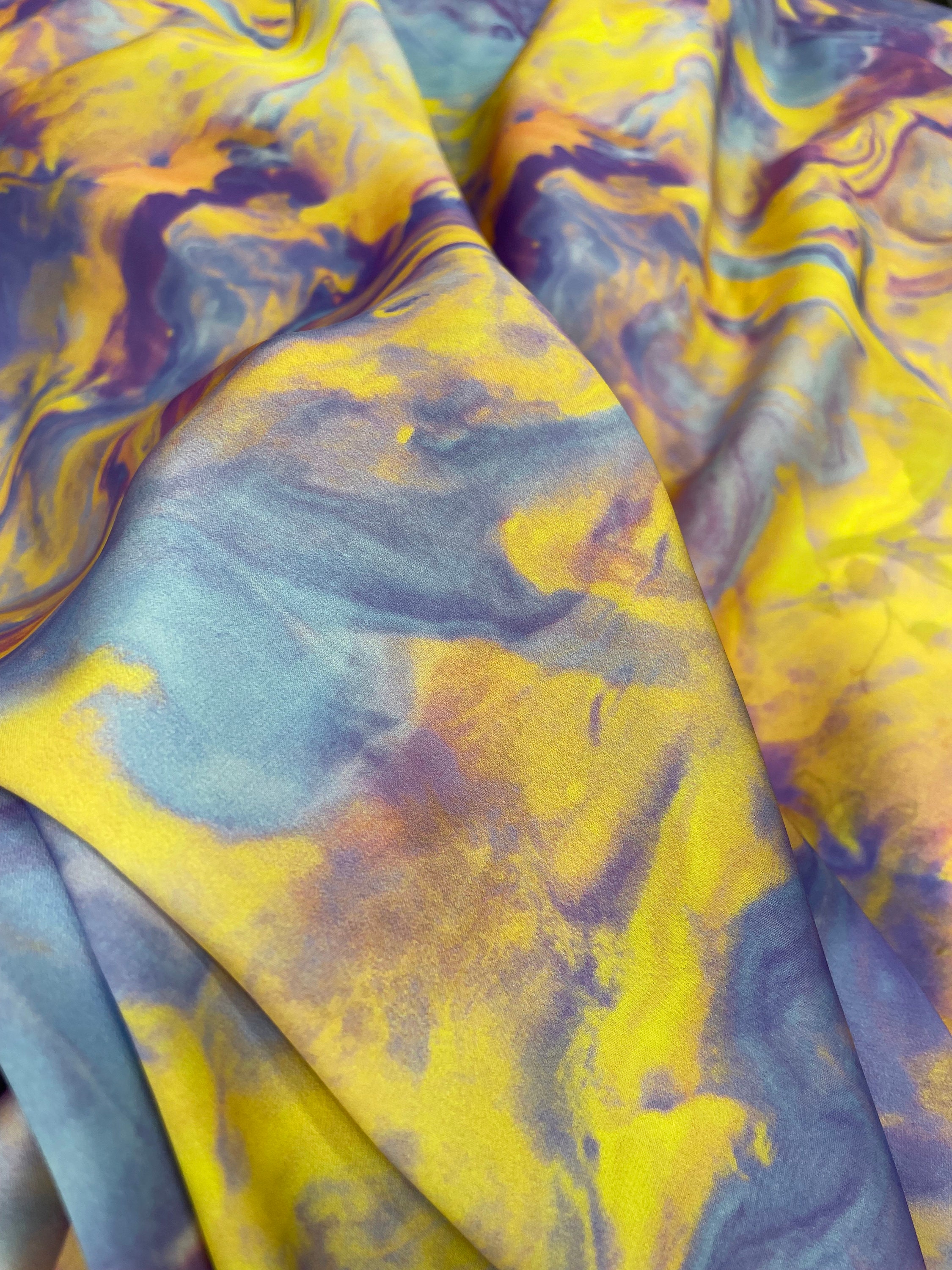 Batik Marble Gold Blue Yellow Patterned Silk Satin - Etsy