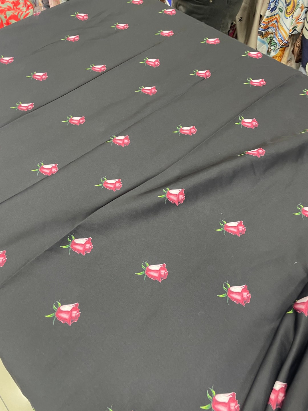 Black Mini Rose Pattern Silky Satin Fabric (printed on Different ...
