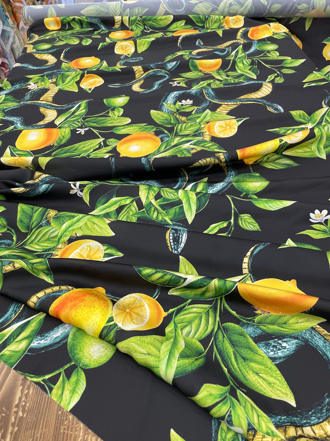 Black Silky Satin Fabric: Snake, Lemon Garden Print - Etsy