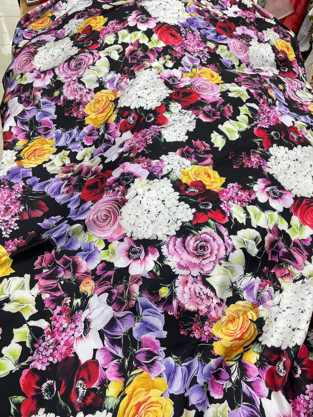Multicolored Floral Pattern Fabric- Romantic Garden Style on Black ...
