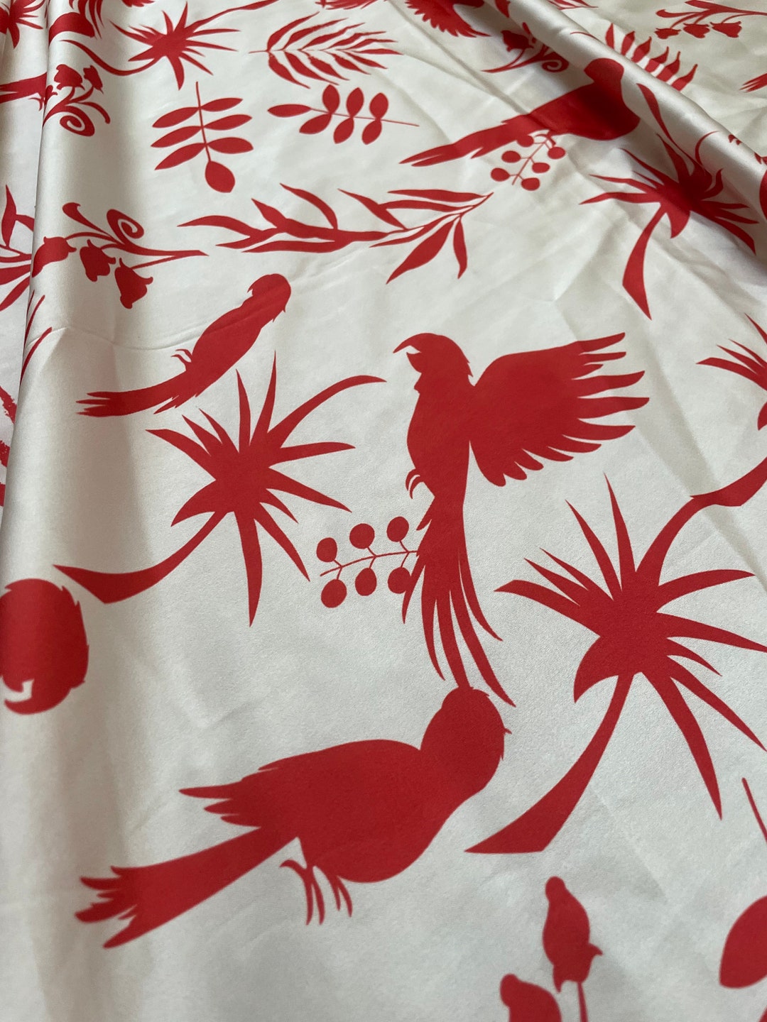 Leaf Bird Pattern Silky Satin Fabric: Dressmaking, Kimono - Etsy