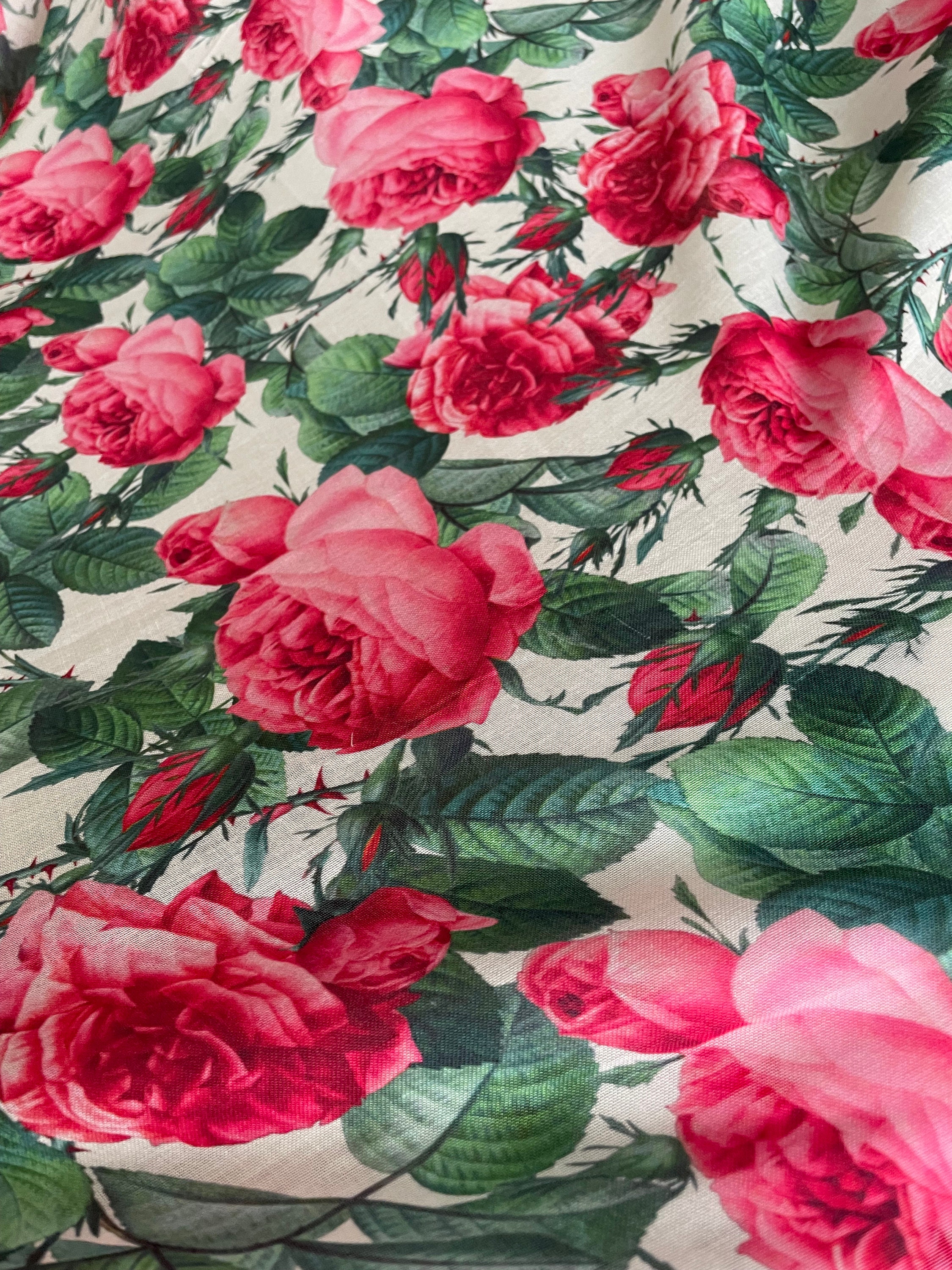 White Pink Rose Pattern Linen Fabric-highquality Fabricprint on the ...