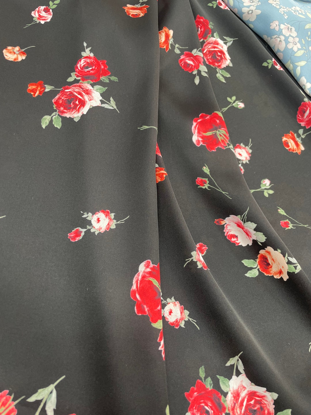 Mini Red Roses Silky Satin Fabric - Crispy Floral Satin Fabric ...