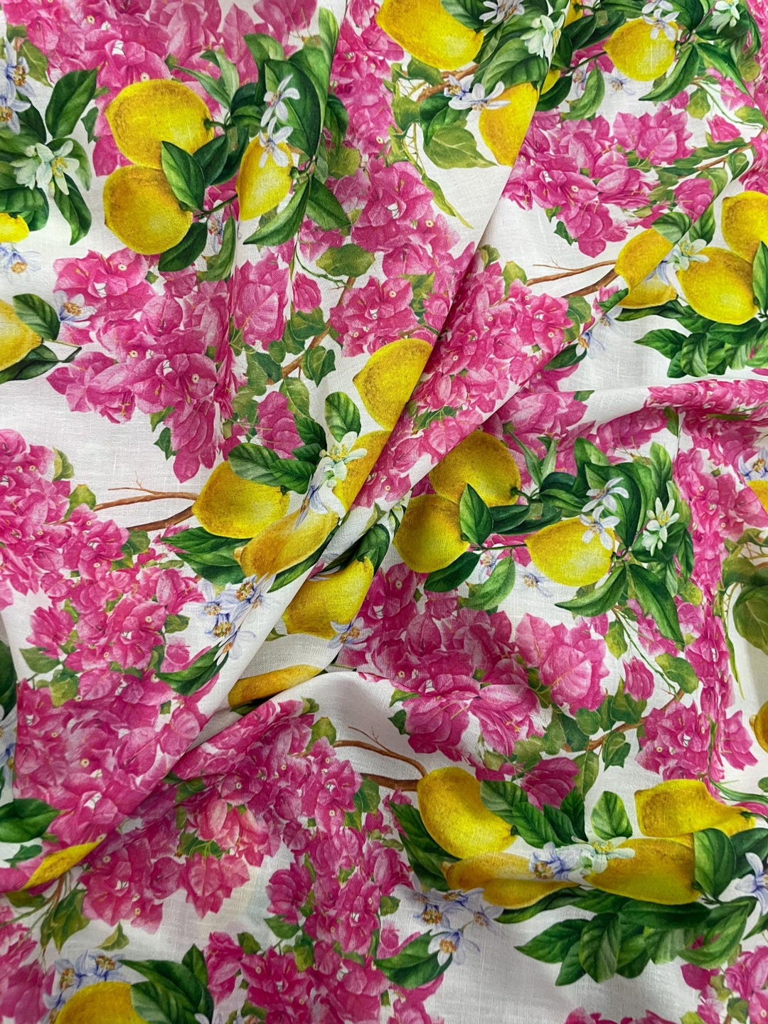 Pink Flower and Lemon Linen Fabric: Sicilian Style - Etsy