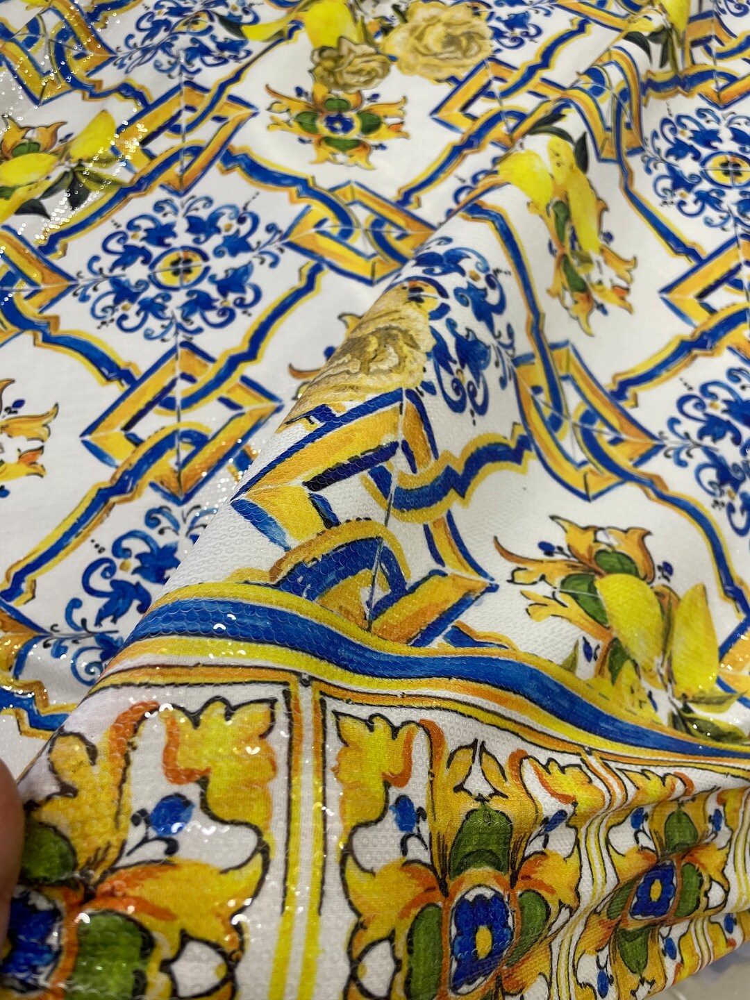 Sequin Lycra Fabric majolica Sicilian Pattern Shiny Fabric - Etsy