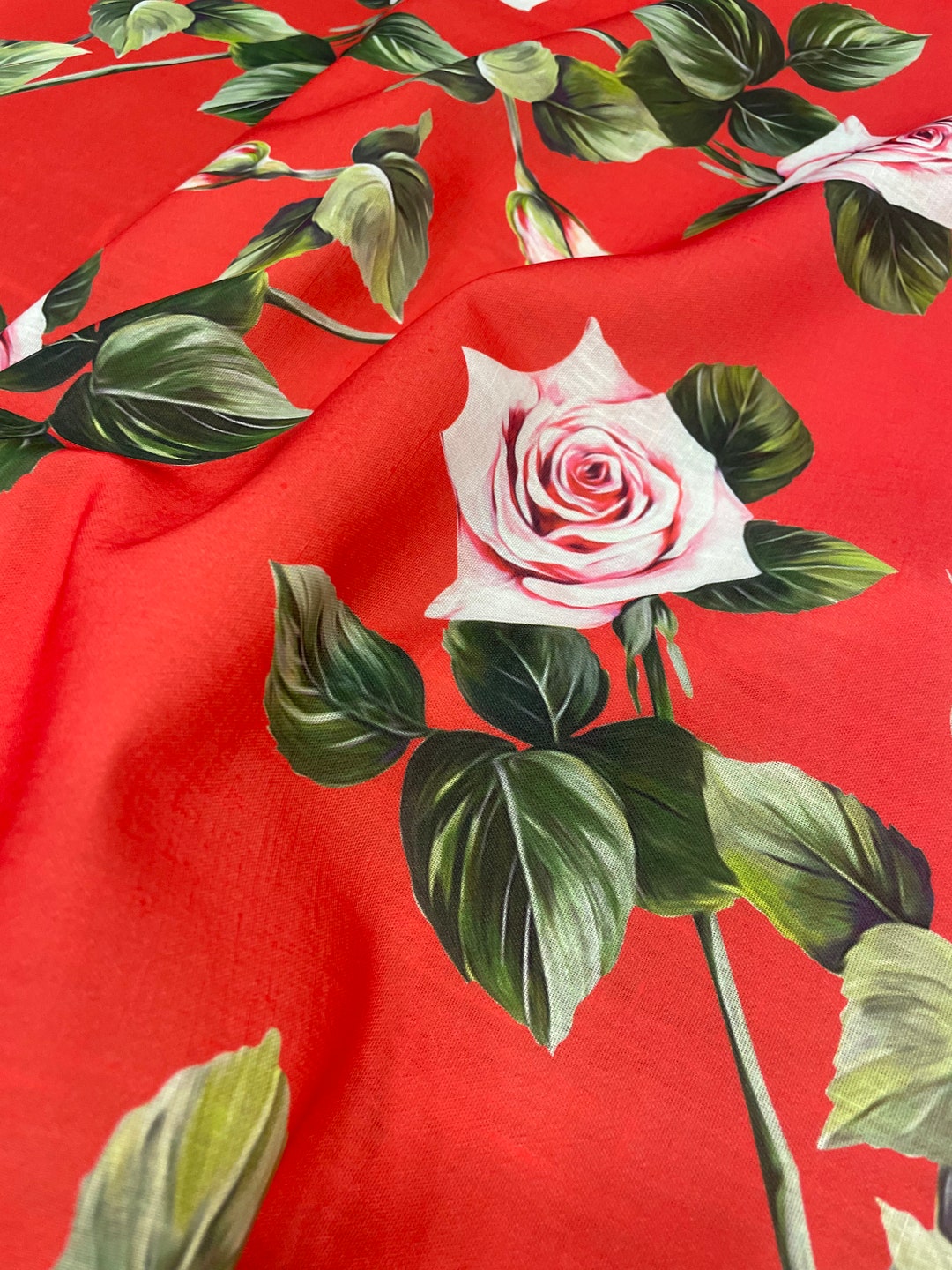 Floral Red Rose Pattern Silk Satin Fabric- Ask for Many Color ...