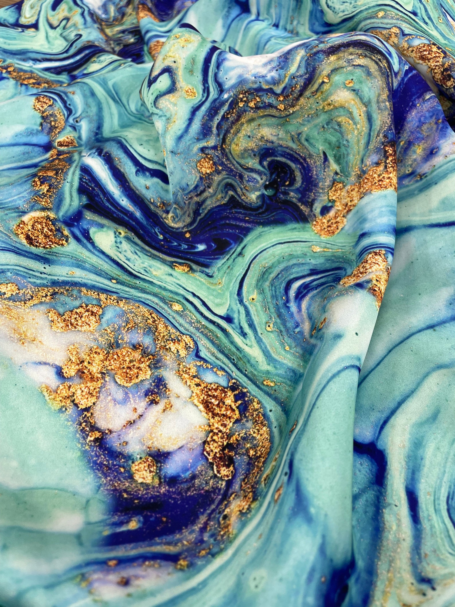 Tie Dye Marble Gold Blue Green Patterned Silky Satin Fabric by the Yard ...