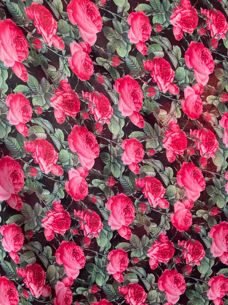 Black Pink Rose Pattern Linen Fabric-highquality Fabricprint - Etsy