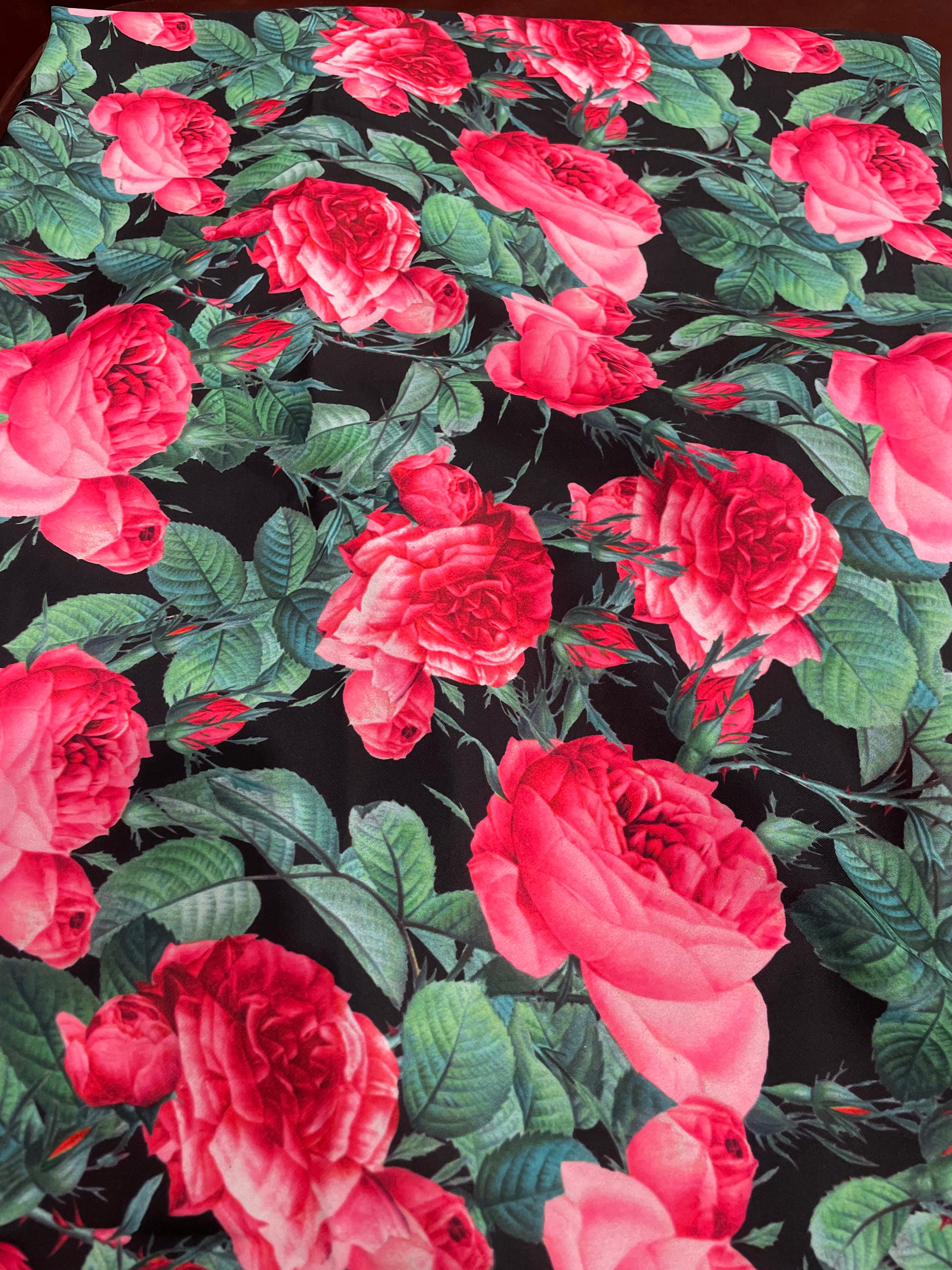Black Pink Rose Pattern Linen Fabric-highquality Fabricprint - Etsy