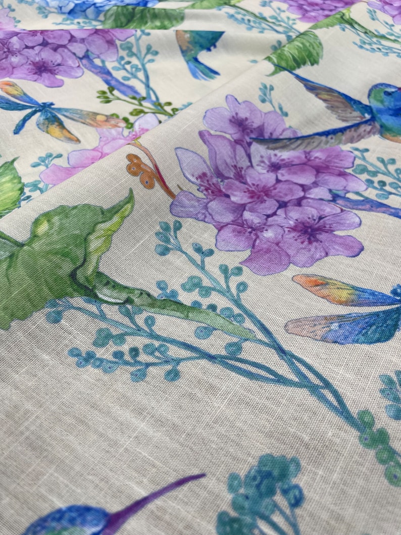 Hydrangea Hummingbird Linen Fabric: Floral Print Sewing Textile - Etsy