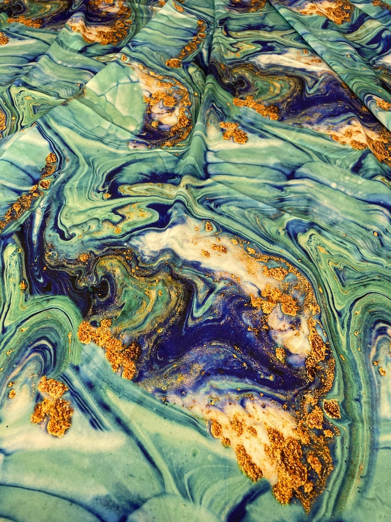 Tie Dye Marble Gold Blue Green Patterned Silky Satin Fabric - Etsy