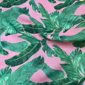 Large Pink Green Leaf Linen Fabric - (possibility of Printing on the ...