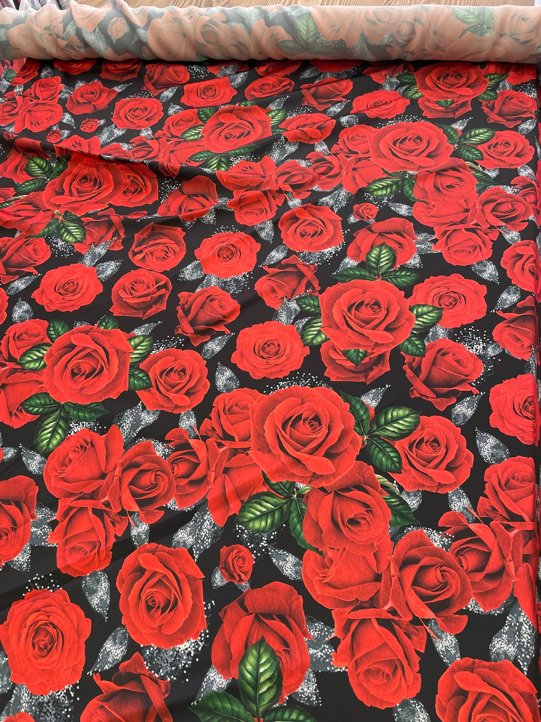Luminous Red Roses Crepe Fabric , Rose Pattern Fabric FAST DELIVERY - Etsy