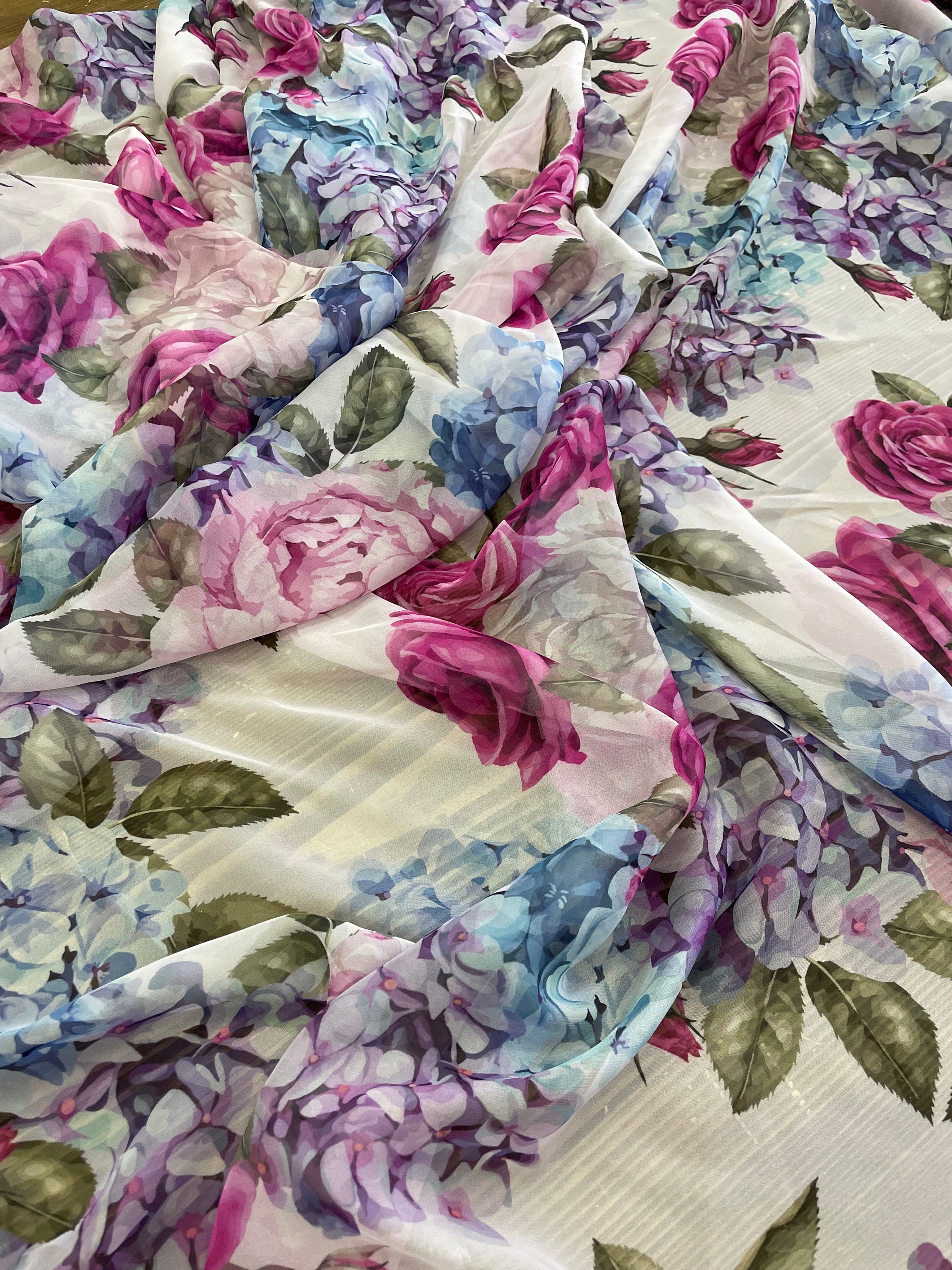 Hydrangea and Rose Patterned Chiffon Fabric by the Yard - Etsy