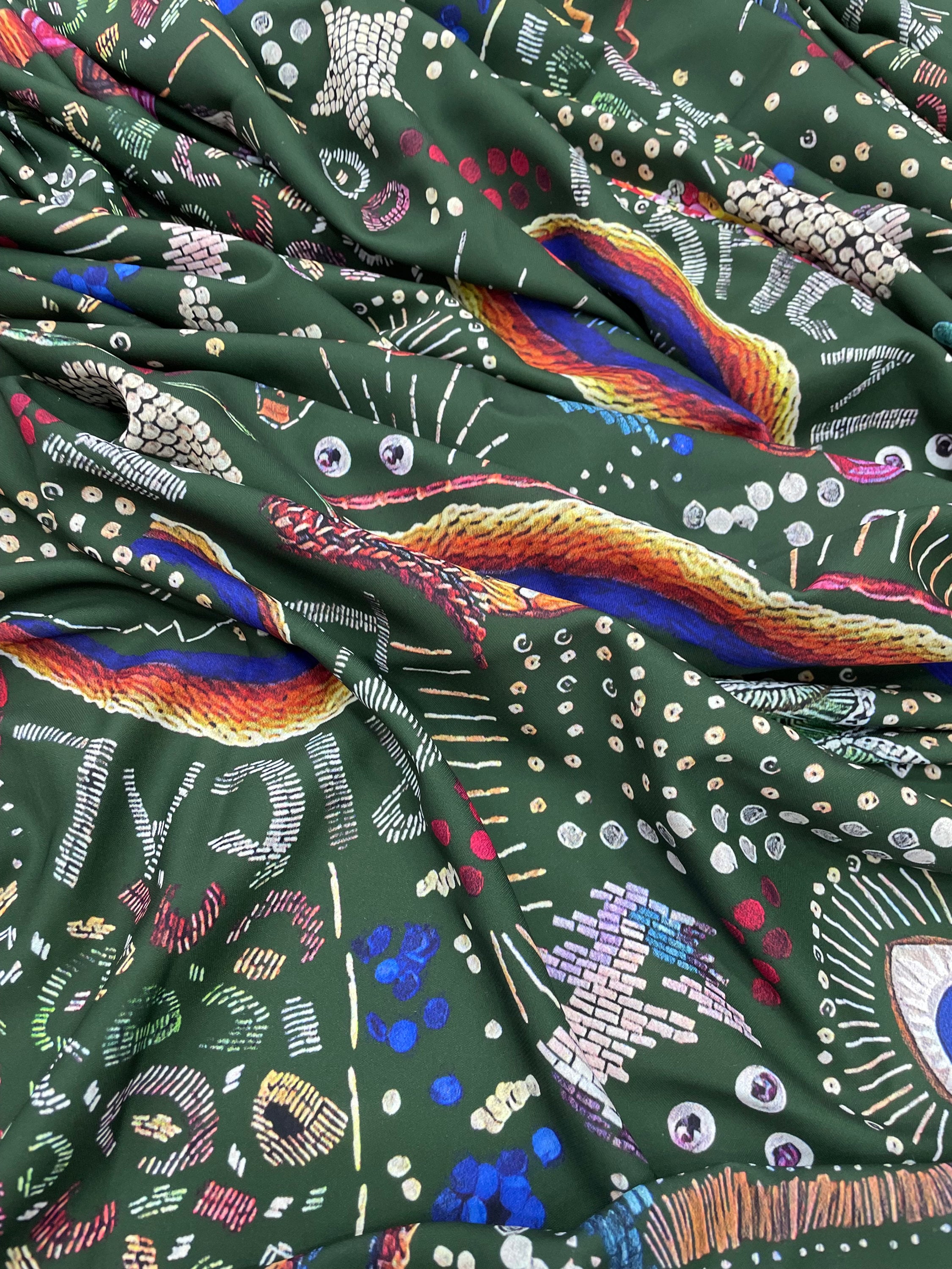 Emerald Green Silky Satin Fabric: Phoenix Bird & Evil Eye Print - Etsy