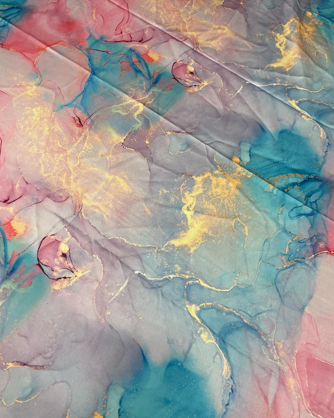 Tie Dye Marble Gold Blue Pink Silky Satin Fabric by the Yard - Etsy