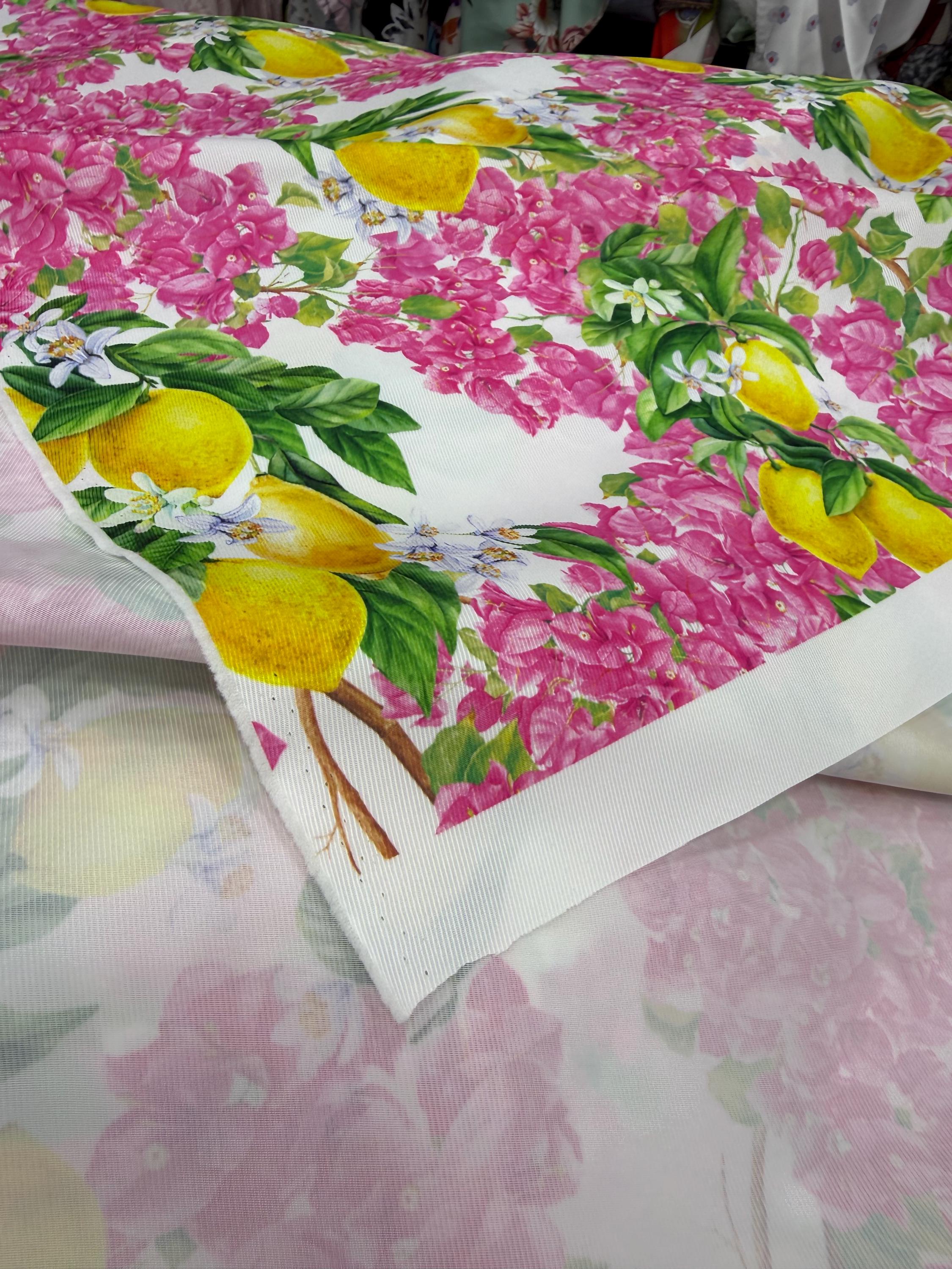 Pink Flower and Lemon Linen Fabric: Sicilian Style - Etsy