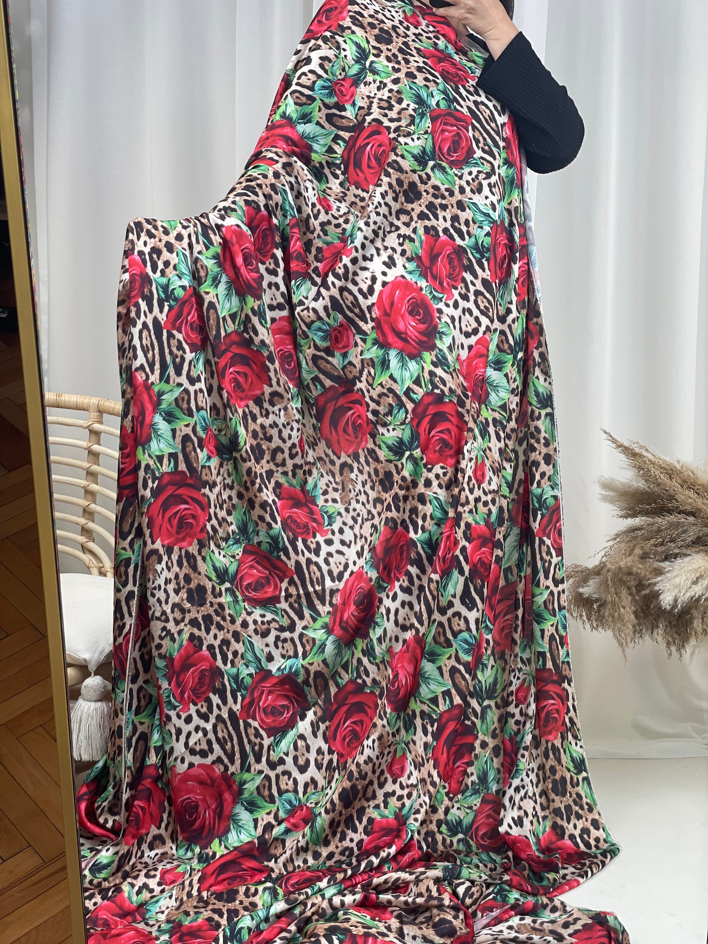 Leopard Red Roses Silky Satin Fabric: Soft Drape, Wrinkle-free - Etsy