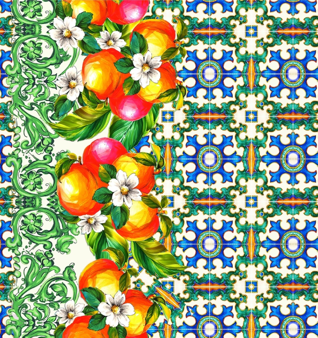 Majolica Style Lemon and Tile Pattern Linen Fabric -(possibility to ...