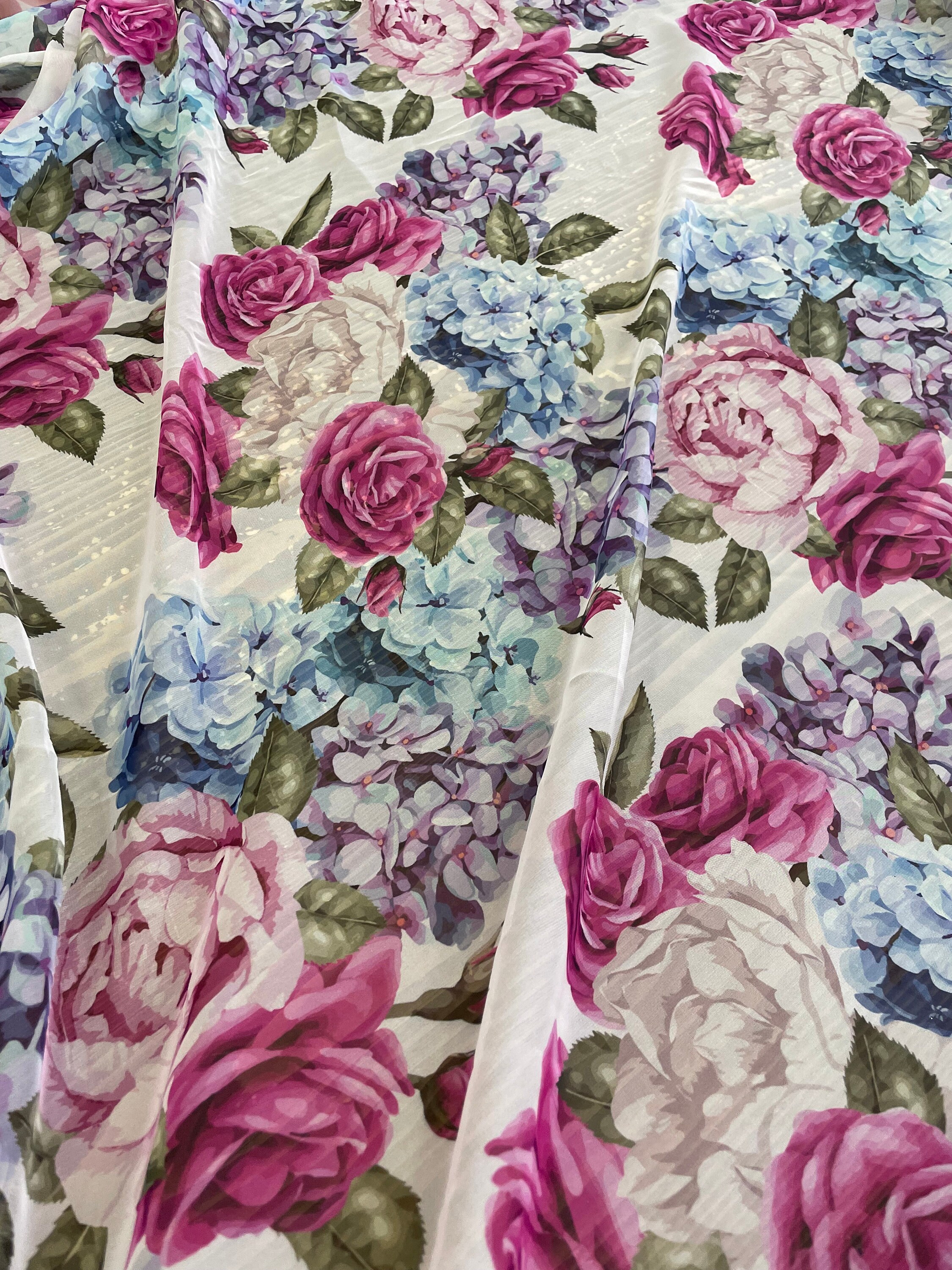 Hydrangea and Rose Patterned Chiffon Fabric by the Yard - Etsy