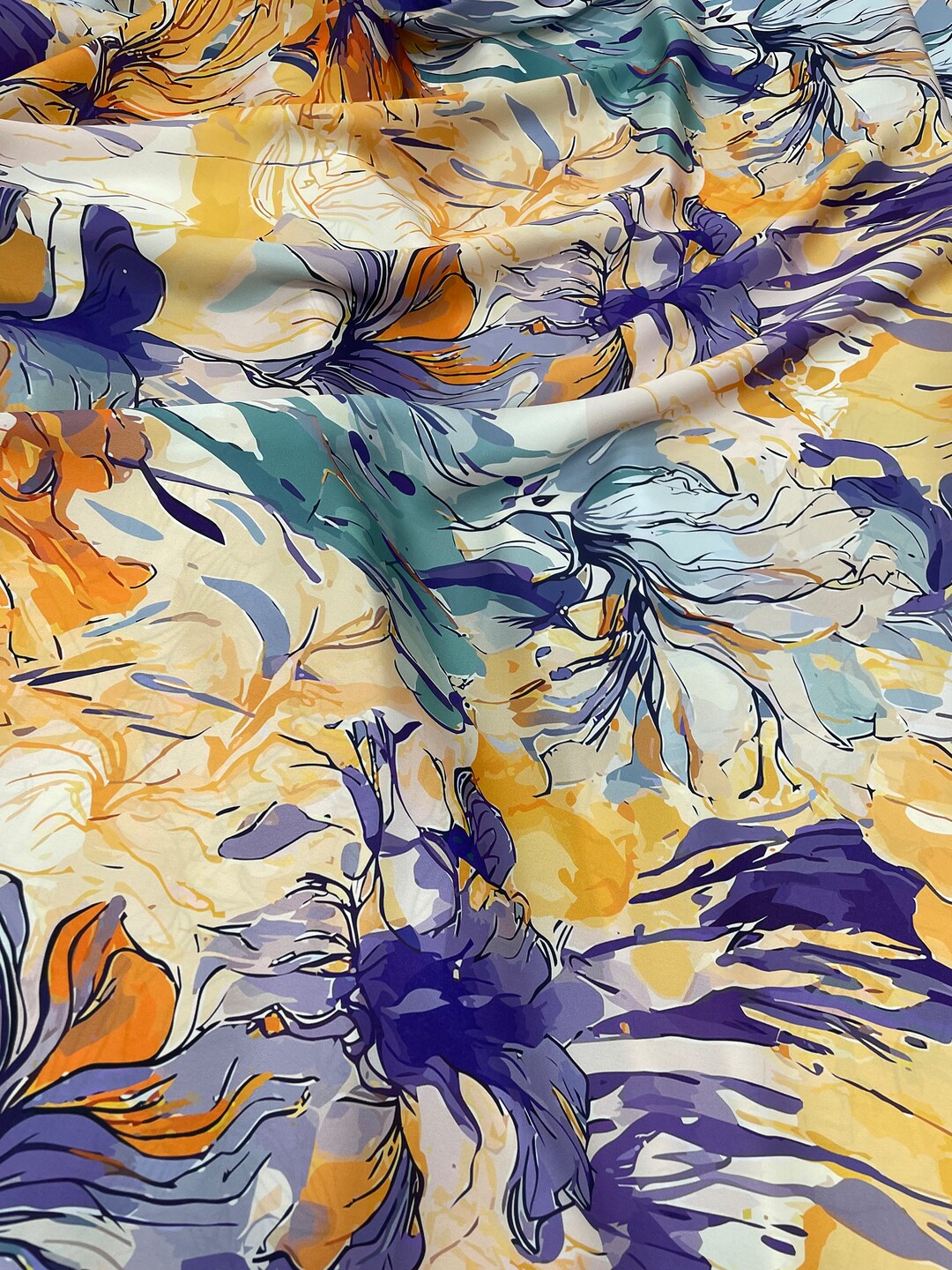 Batik Floral Silky Satin, Batik Patterned Satin Fabric, Dress Fabrics ...