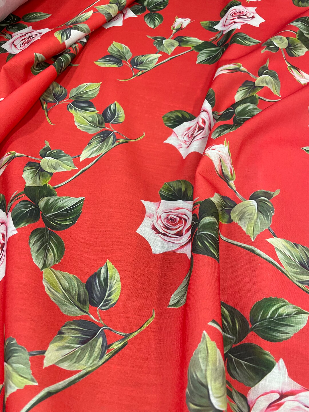 Floral Red Rose Pattern Silk Satin Fabric Ask for Many Color ...