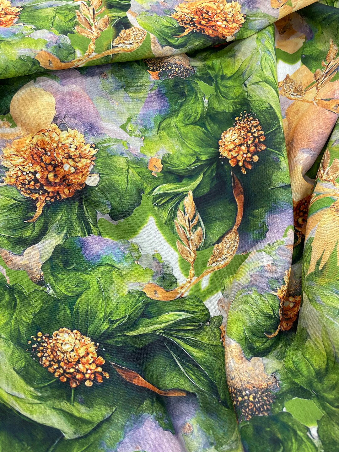 Green Gold Mix Color Flower Pattern Linen Fabric, A Very Elegant ...