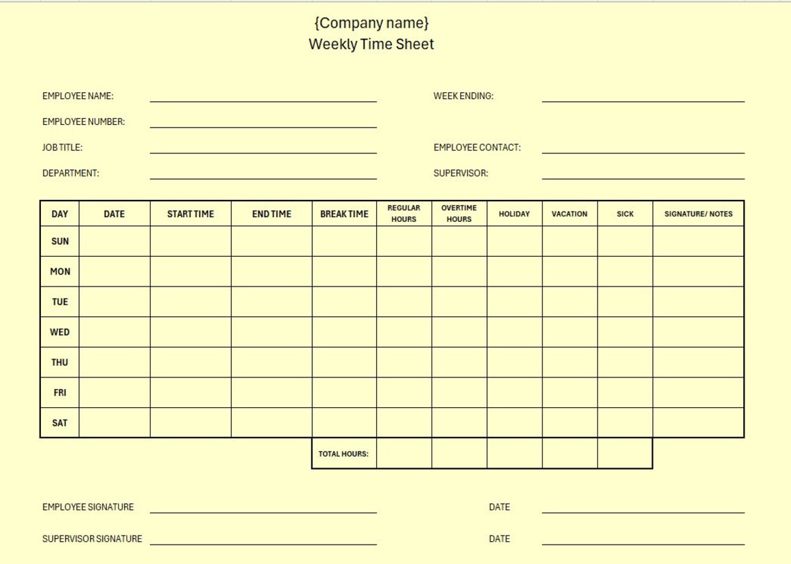 Weekly Time Sheet | Printable Time Sheet Template | Including 1 Excel ...