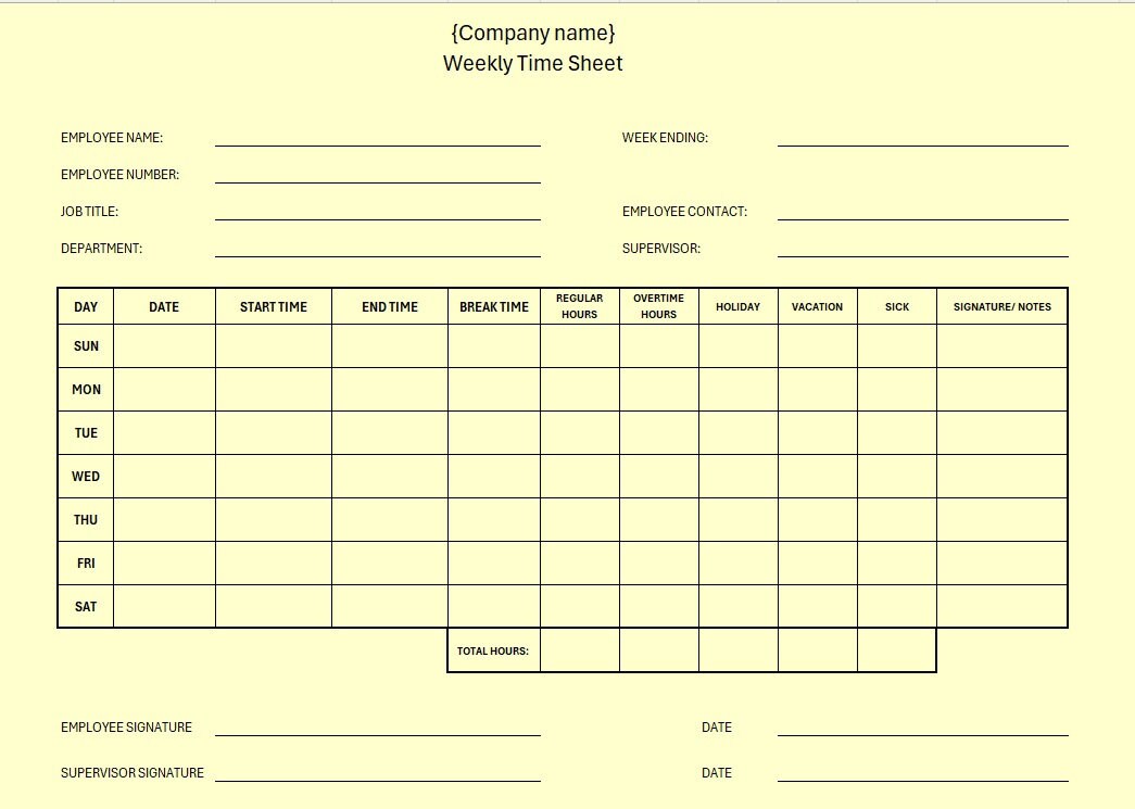 Weekly Time Sheet | Printable Time Sheet Template | Including 1 Excel ...