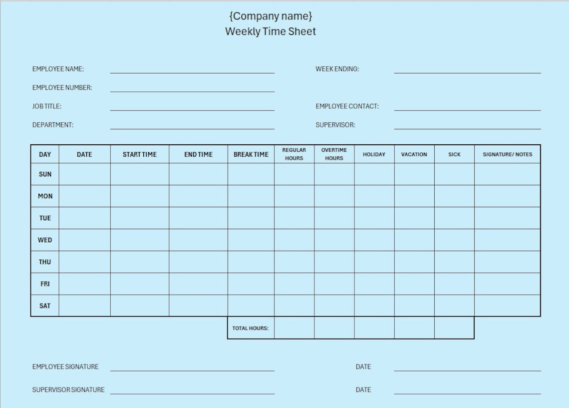 Weekly Time Sheet | Printable Time Sheet Template | Including 1 Excel ...