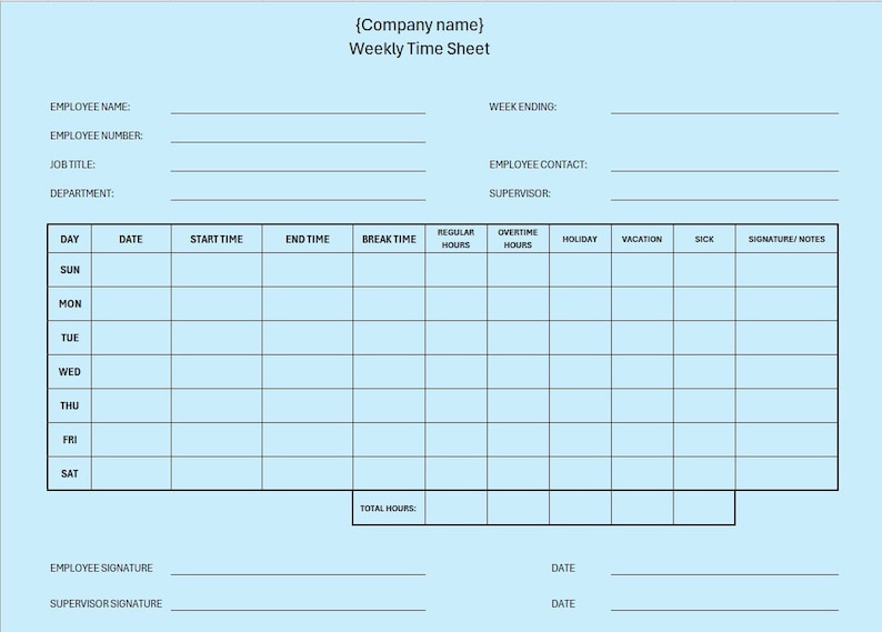 Weekly Time Sheet | Printable Time Sheet Template | Including 1 Excel ...