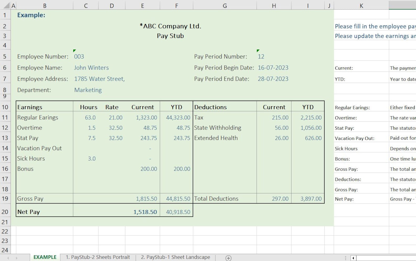 Pay Stub | Pay Slip | Pay Statement | Excel & PDF Templates | Digital ...