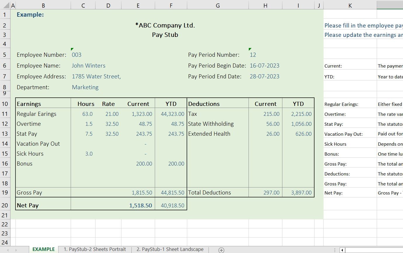 Pay Stub | Pay Slip | Pay Statement | Excel & PDF Templates | Digital ...