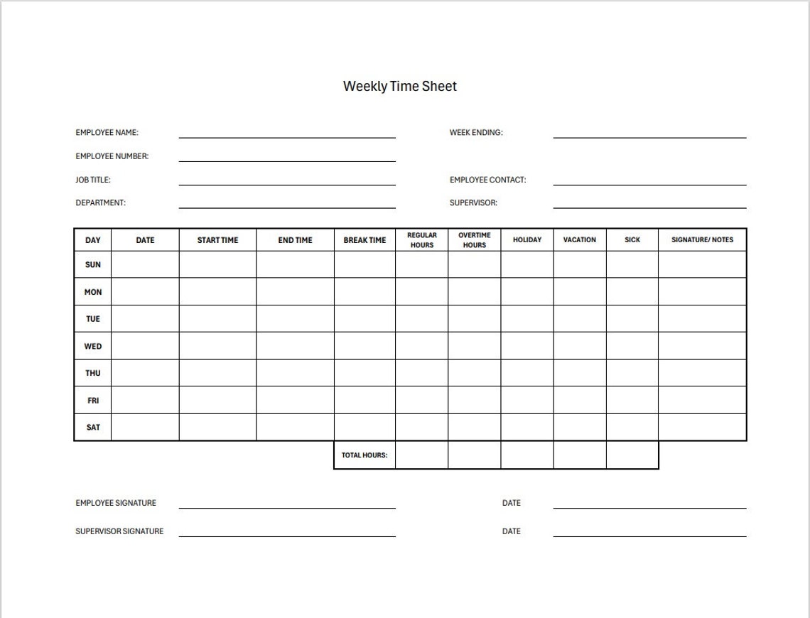Weekly Time Sheet | Printable Time Sheet Template | Including 1 Excel ...