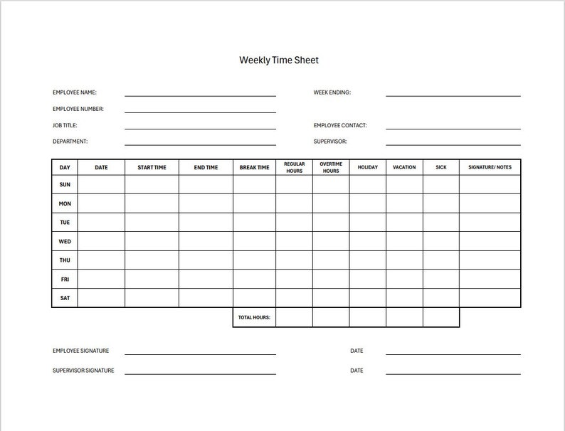 Weekly Time Sheet | Printable Time Sheet Template | Including 1 Excel ...