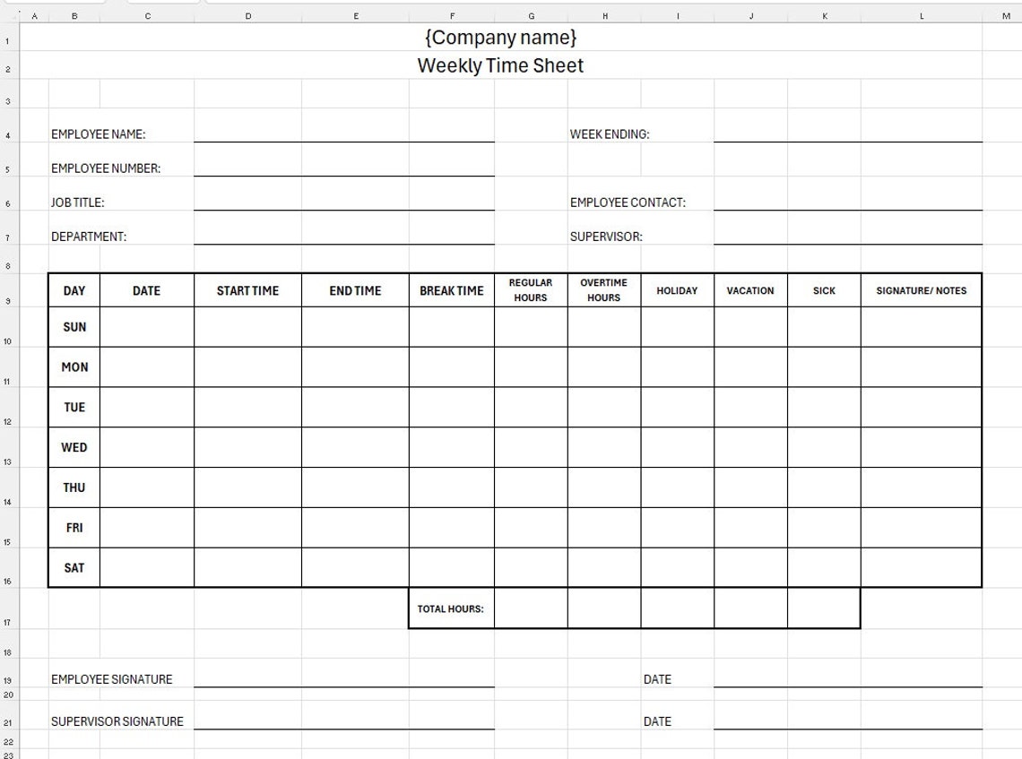 Weekly Time Sheet | Printable Time Sheet Template | Including 1 Excel ...