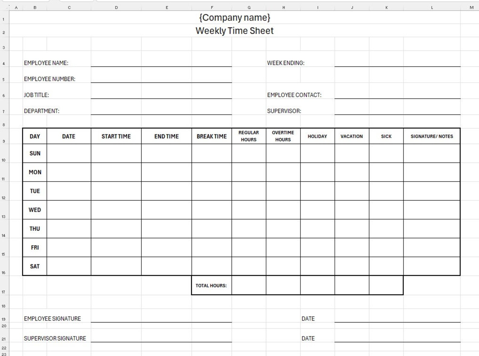Weekly Time Sheet | Printable Time Sheet Template | Including 1 Excel ...