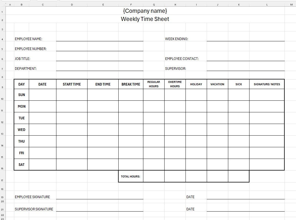 Weekly Time Sheet | Printable Time Sheet Template | Including 1 Excel ...