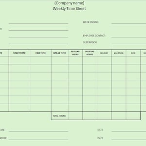 Weekly Time Sheet | Printable Time Sheet Template | Including 1 Excel ...