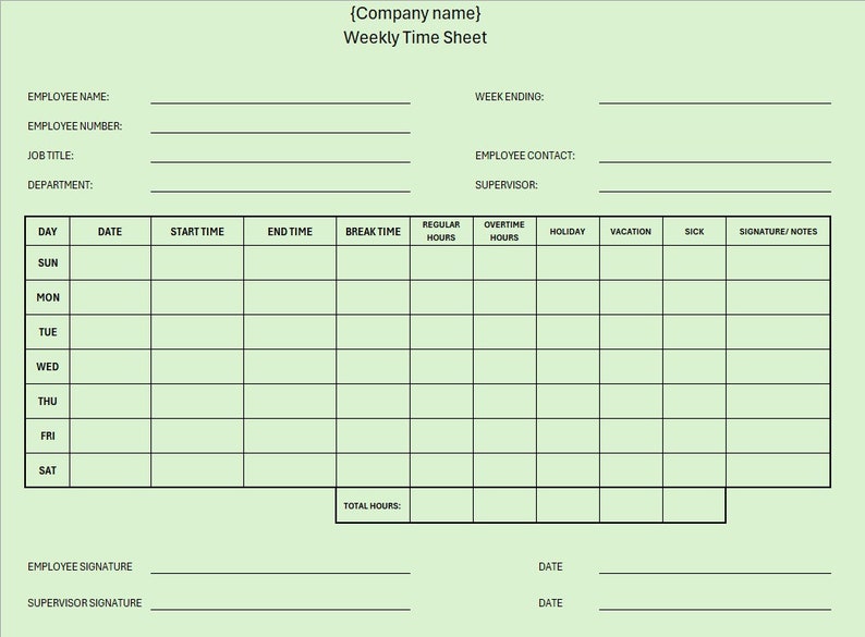 Weekly Time Sheet | Printable Time Sheet Template | Including 1 Excel ...