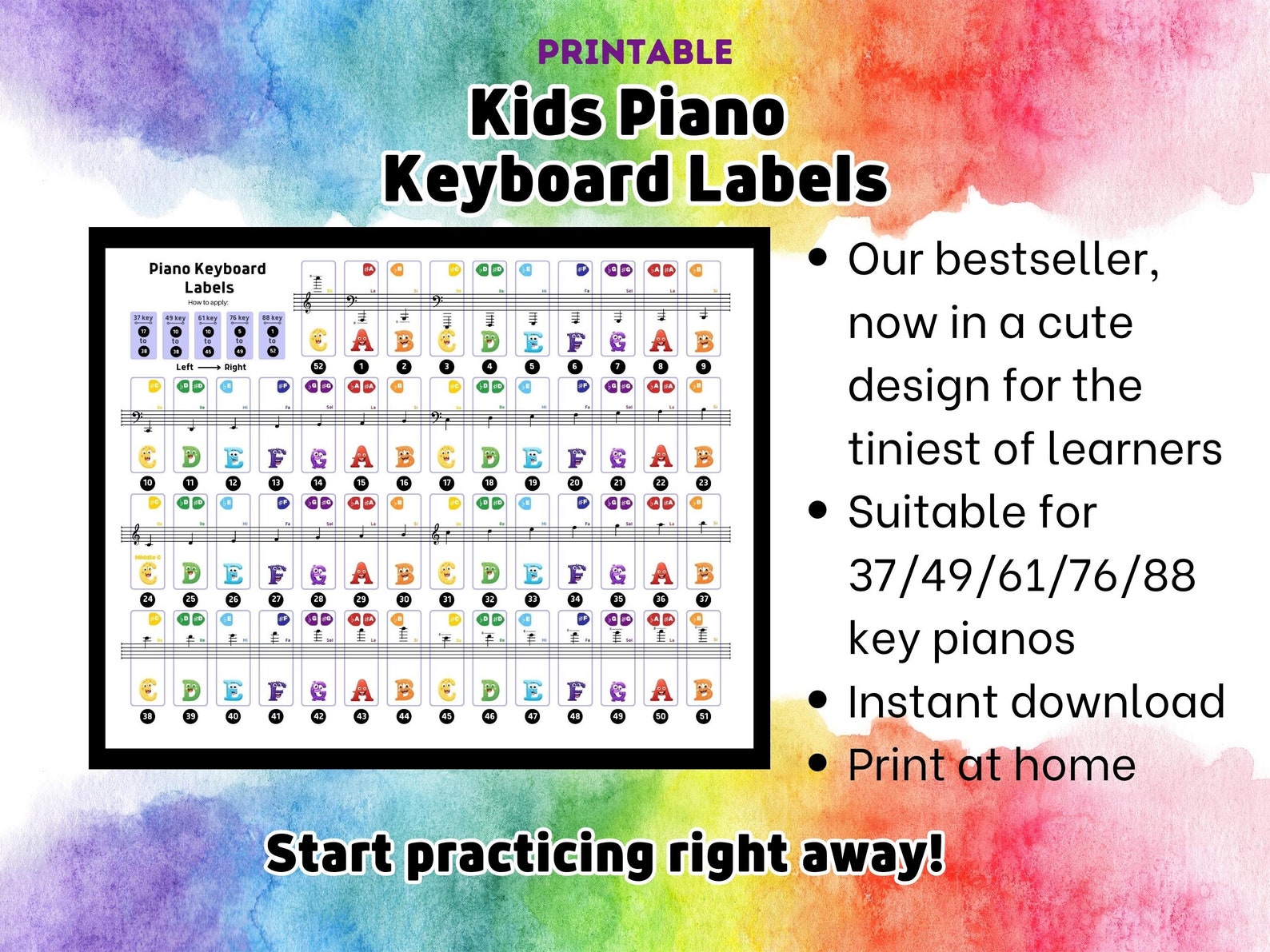 Kids Piano Keyboard Labels - Piano Stickers for Beginners - Print, Cut ...