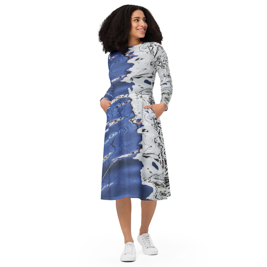 Grey Blue Abstract Dress ,all-over Print Long Sleeve Midi Dress - Etsy