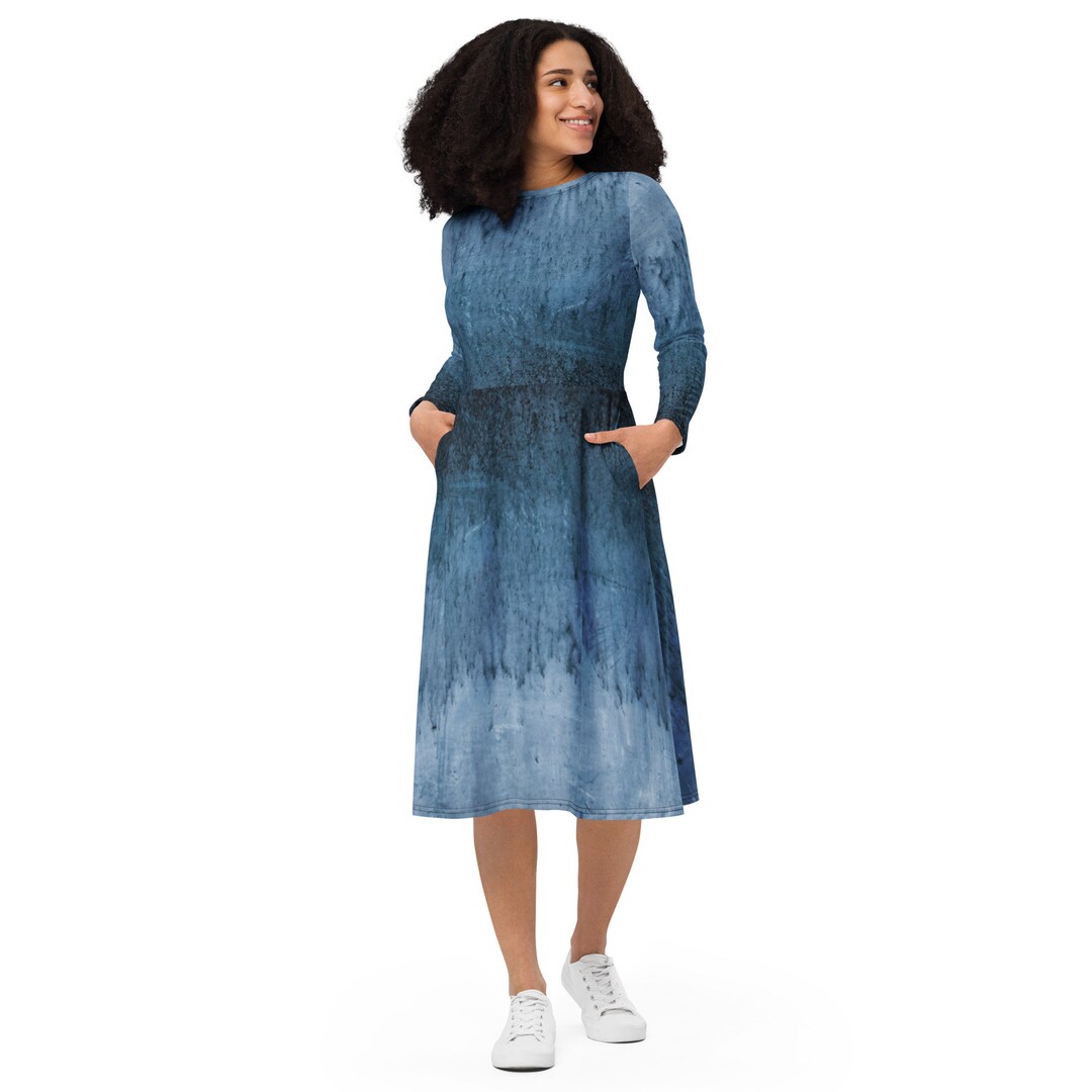 Blue Abstract Art Dress ,all-over Print Long Sleeve Midi Dress ,casual ...