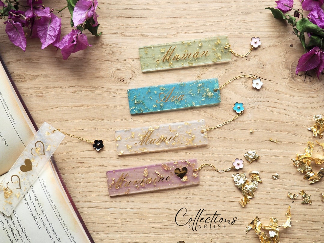 Personalized Flower Bookmark in Resin Gold Pink White Purple Green or ...